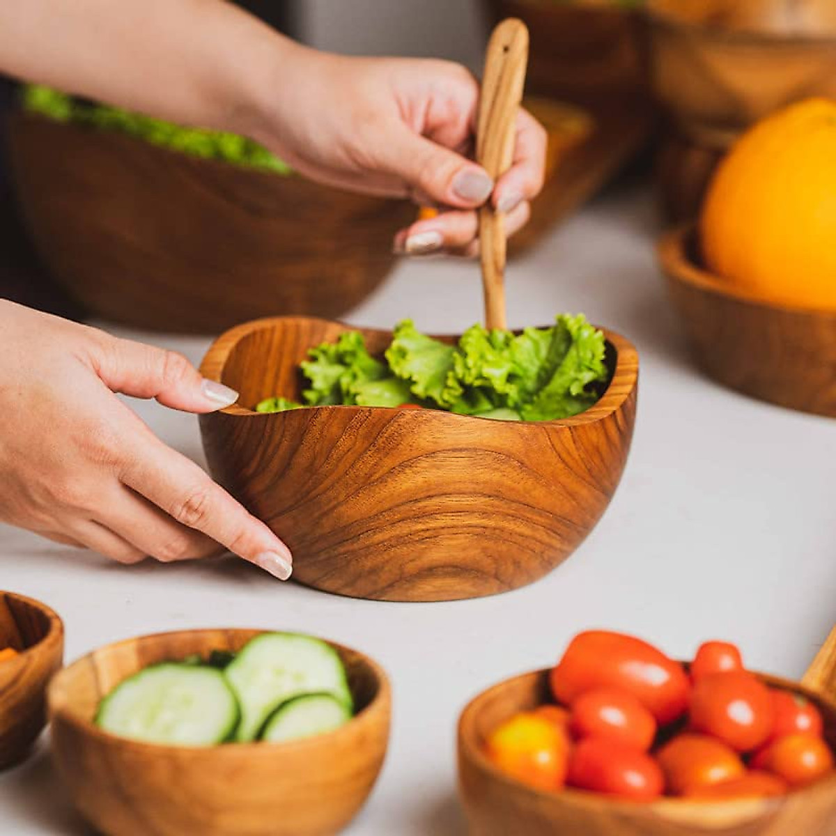 Rainforest Bowls Set of 4 6.5" Regular Wavy Curved Rim Javanese Teak Wood Bowls- Perfect for Everyday Use, Hot & Cold Friendly, Ultra-Durable- Premium Wooden Bowls Handcrafted by Indonesian Artisans