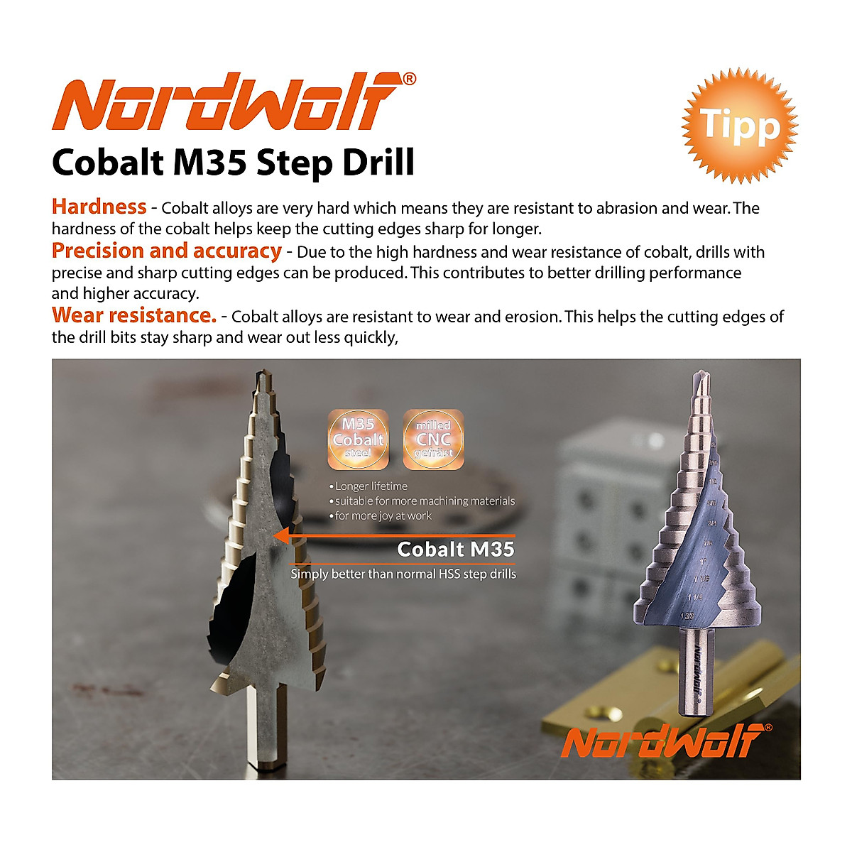 NordWolf M35 Cobalt SAE Step Drill Bit, Spiral Groove Double Flute Multiple Hole Unibit for Stainless Steel & Metal Sheet, 13 Imperial Step Sizes 3/16" to 1-3/8"