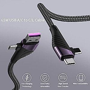 USB C Multi Fast Charging Cable, PD 65W Nylon Braided Cord 4 in 1 5A USB A/C to C/L Fast Sync Charger Adapter Compatible with Laptop/Tablet/Phone (4FT)