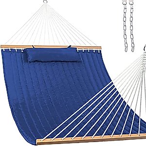 Lazy Daze 12 FT Double Quilted Fabric Hammock with Spreader Bars and Detachable Pillow, 2 Person Hammock for Outdoor Patio Backyard Poolside, 450 LBS Weight Capacity, Navy Blue