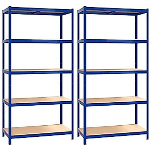 vidaXL - Durable 5-Layer Shelves, 2 pcs, Industrial Style, Galvanized Steel & Engineered Wood, Generous Storage Space, Blue