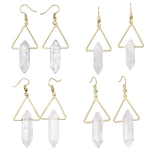 Nupuyai Rock Quartz Stone Dangle Drop Earrings for Women, Hexagonal Double Points Healing Crystal Quartz Gold Plated Triangle Earrings with Hook