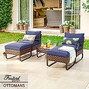 Festival Depot Patio Ottoman Footstool Outdoor Bistro Furniture with Premium Fabric Soft Cushion Wicker Rattan Square with U Shaped Slatted Steel Legs Foot Rest for Garden Yard Lawn All-Weather