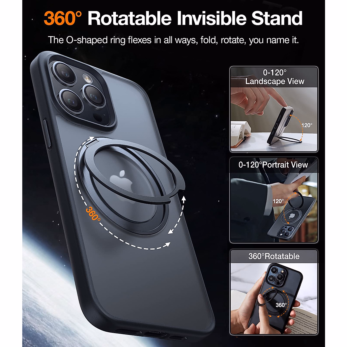TORRAS 360°Rotatable Ring for iPhone 13 Pro Max Case [Compatible with Magsafe] with Stand, Magnetic Ring Holder Military Grade Shockproof Translucent Back Slim Fit Phone Case UPRO Ostand Pro, Black