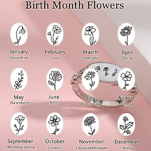 Personalized Custom Vintage Birth Flower Ring Squal Oval Shell Band Sterling Silver Engraved Month Flower Floral Wildflowers Daisy Finger Wedding Ring Bands Jewelry Birthday Gifts for Her Women Men Girl (Oval, Silver)