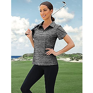 Viracy Golf Shirts Women, Collared T Shirts Overlap Short Sleeve 1/4 Zip Up Workout Tops Quick Dry Breathable Sun Protection Tops,Dark Grey-XL