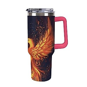 40 Oz Vacuum Tumbler with Light Rose Red Handle Leakproof Insulated Tumbler Fire And Water Phoenix Stainless Steel Travel Mug with Lid And Straw Coffee Cup Cute Water Bottles Cup Holder Friendly