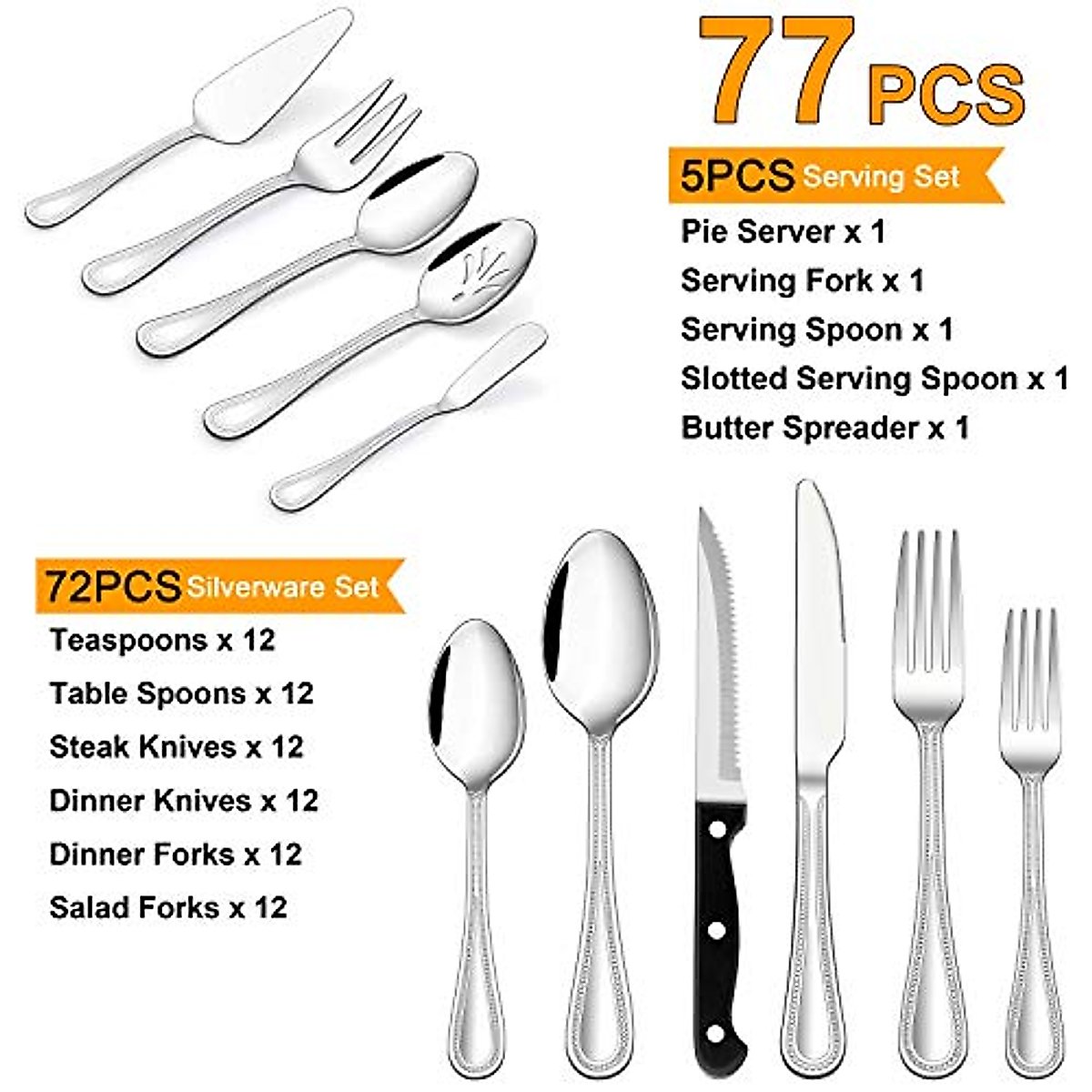Homikit 77-Piece Silverware Set with Steak Knives and Serving Utensils, Stainless Steel Flatware Cutlery Set for 12, Modern Eating Utensil Tableware Sets with Pearled Edge, Include Knife Spoon Fork