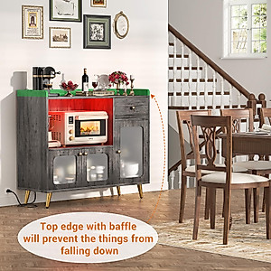 Cyclysio Sideboard Buffet Cabinet with Power Outlet, Kitchen Cabinet with LED Lights, Large Bar Cart Accent Buffet Cabinet with Door for Bedroom, Living Room, Kitchen, Hallway, Grey