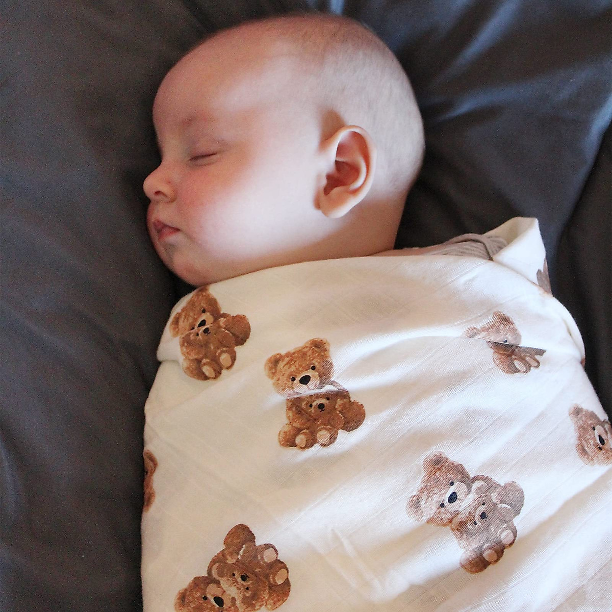 LifeTree Muslin Swaddle Blankets Neutral, Baby Swaddling Wrap Nursery Blanket for Boys & Girls Unisex, Soft 70% Viscose from Bamboo and 30% Cotton, Large 47 x 47 inches, Bear & Checkered Coffee