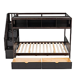 Twin Over Full Bunk Bed with Built-in Storage Shelves and 2 Drawers,Stairway Bunk Bed for Kids Bedroom, Home, Solid Wood Bunk Bed for Kids Teens Boys Girls, No Box Spring Needed