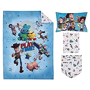 Disney Toy Story It's Play Time Blue, Green, Red, and Yellow, Woody and Buzz 4 Piece Toddler Bed Set - Comforter, Fitted Bottom Sheet, Flat Top Sheet, and Reversible Pillowcase