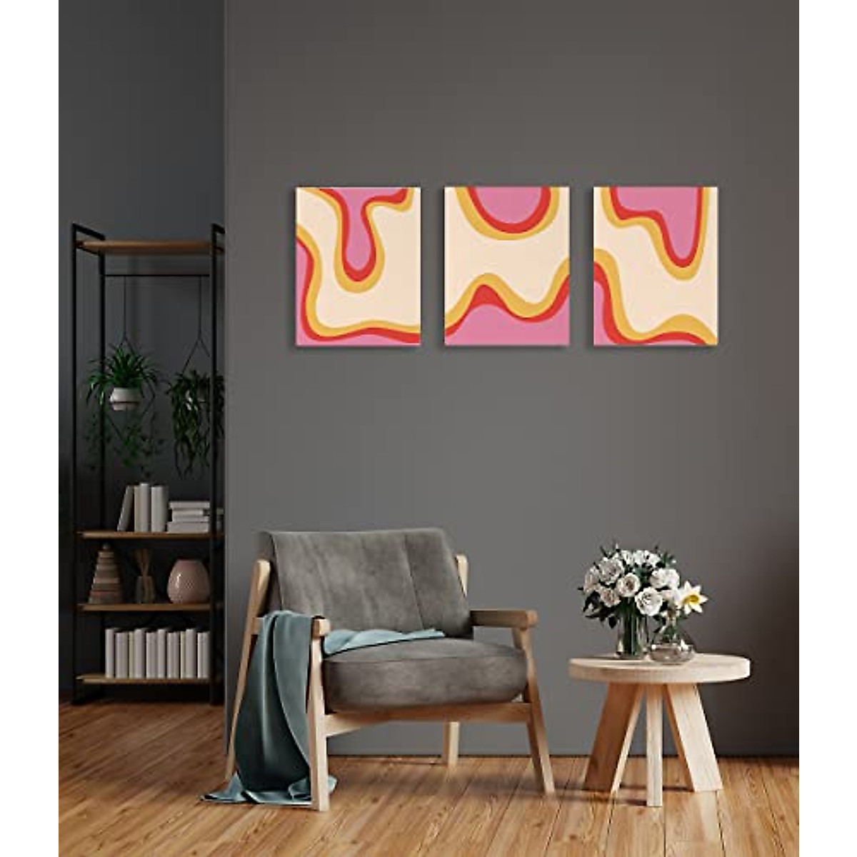 LiTiu Trendy Hippie 70s Abstract Curve Wave Pattern Aesthetic Pink Framed Wall Art Canvas Prints Decor,11''x 14'' Set of 3, Bohemia Artwork Girls Women Gifts Decorations for Home Bedroom Living Room