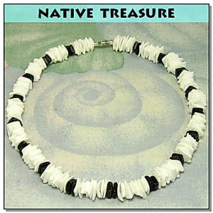 Native Treasure 16" Mens and Womens Summer Beach Surfer Necklace From the Philippines, White Rose Clam Chips Ark Shells with Real Black Clam Chips Accents
