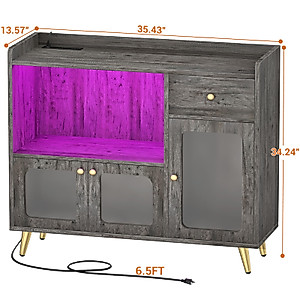 Cyclysio Sideboard Buffet Cabinet with Power Outlet, Kitchen Cabinet with LED Lights, Large Bar Cart Accent Buffet Cabinet with Door for Bedroom, Living Room, Kitchen, Hallway, Grey
