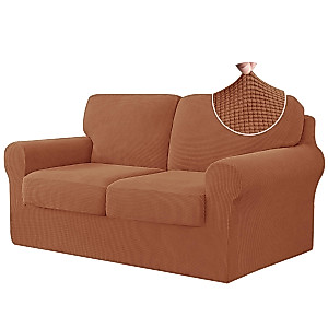 CHUN YI 5 Piece Stretch Loveseat Sofa Cover, 2 Seater Couch Slipcover with Two Separate Backrests and Cushions with Elastic Band, Checks Spandex Jacquard Fabric(Medium,Brick)