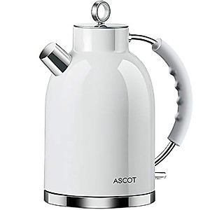 Electric Kettle,ASCOT Electric Kttle Stainless Steel Tea Kettle Fast Boiling Water Heater 1.6L, 1500W, BPA-Free, Cordless, Automatic Shutoff, Boil-Dry Protection，White