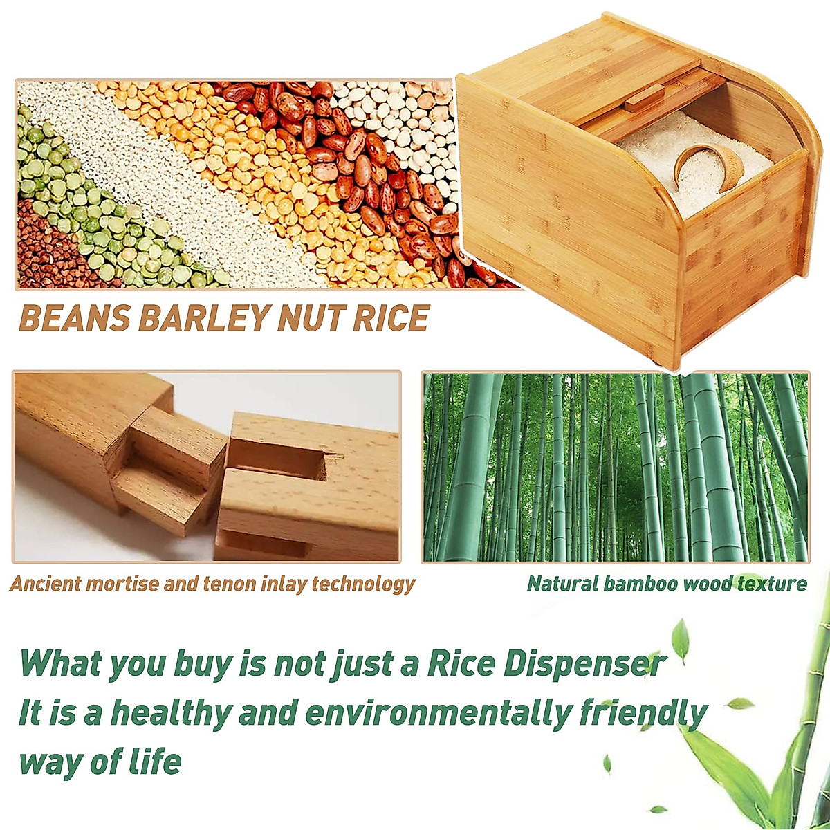 Wooden Rice Container Storage Rice Dispenser Rice Storage Containers with Sliding Lid and Measuring Cup ,Large Wooden Cereal Dispenser Bamboo Rice Dispenser for Dry Food in Home and Kitchen (Capacity: