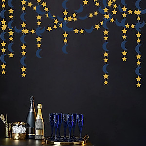 Navy-Blue Gold Moon-Star Party-Decorations Garland - 52Ft Twinkle Little Star Hanging Decoration Streamers Banner, Eid Ramadan Mubarak Decoration Birthday Wedding Baby Shower Party Decor Panduola