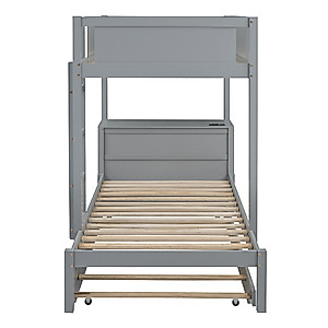 CITYLIGHT Twin Over Twin Bunk Beds with Desk and Storage Drawers, Wood Bunk Beds with Trundle, Twin Bunk Bed with Charging Station for Kids Teens, Girls Boys, Grey