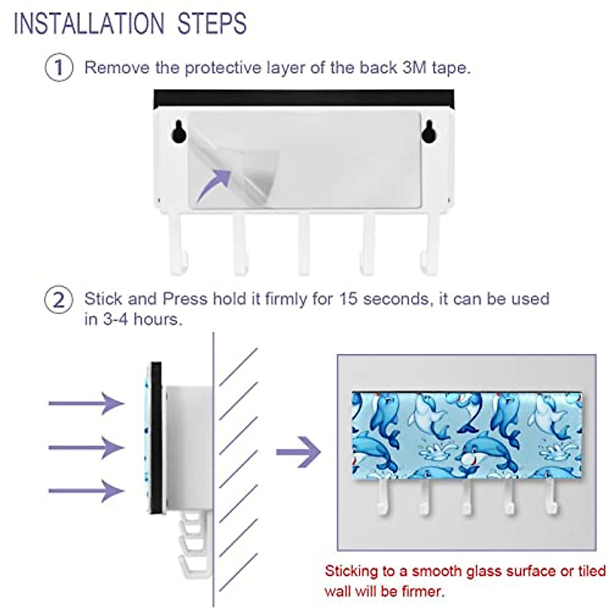 Cute Funny Blue Dolphins Pattern Rack Organizer with 5 Hooks Wall Bathroom Kitchen Shelf Rack Multifunctional Storage Shelf