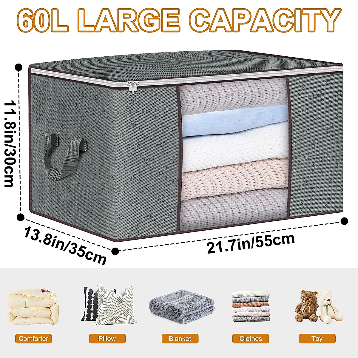 12 Pack Blanket Storage Bags with Zipper, Foldable Packing Bags for Moving Bags, Storage Bags for Clothes with Handles, Closet Organizers and Storage for Clothing, Sheet, Comforter, Bedding,60L, Grey