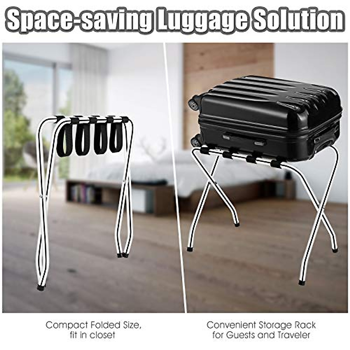 Byroce Foldable Rack, Chromed Suitcase Nylon Belts, No Assembly Required for Home Bedroom Guest Room Hotel, Durable Folding Bag, Commercial Luggage Stand Holder for Easy S, Silver, Black