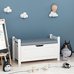 Mancofy Kids Wooden Toy Chest Kids Toy Box with Safety Hinged Lid, Children's Toy Storage Cubby, Toy Storage Cabinet Organizer, Playroom Furniture, Boys/Girls (White with Cushion)