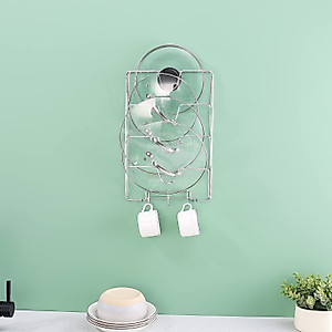 Qflushor Pot Lid Organizer Wall Mount, Kitchen Pot Lid Rack with Hook, Pot Lid Organizer for Cabinet, Pot Lid Holder with Adhesive Hooks, Chrome