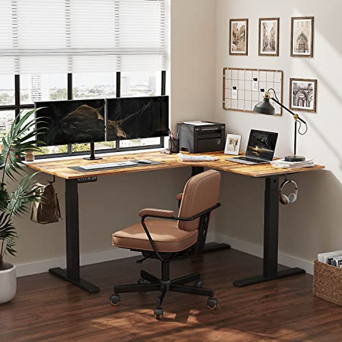 BANTI Triple Motors 63" L Shaped Standing Desk Height Adjustable, Electric Stand up Corner Desk, Sit Stand Home Office Desk Computer Workstation with Memory Preset, Rustic Brown Top