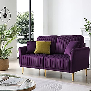 Yuxuanhang Loveseat with Removable Backrest Pillows, Modern Velvet Upholstered Sofas with Gold Metal Legs, for Living Room, Bedroom, Easy Assembly (Purple)