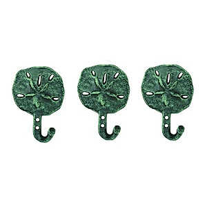 Sand Dollar Shell Wall Hooks Hangers Cast Iron Antique Green Verdigris - Set of 3
