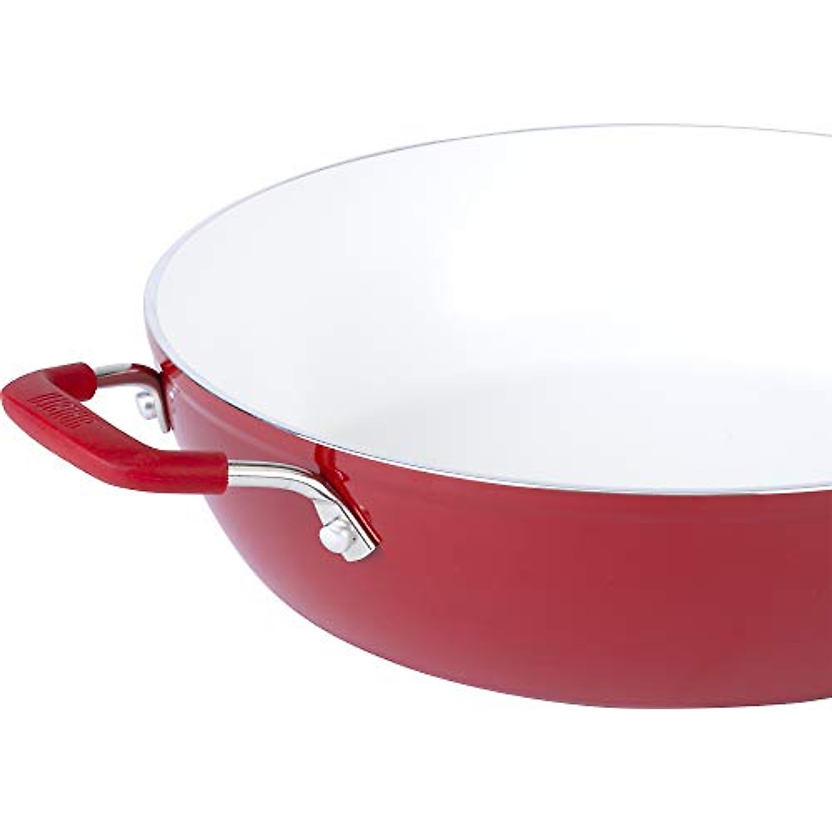 Bialetti Aeternum Nonstick White Ceramic Cookware, 12" Covered Lid Saute Pan, Red & White