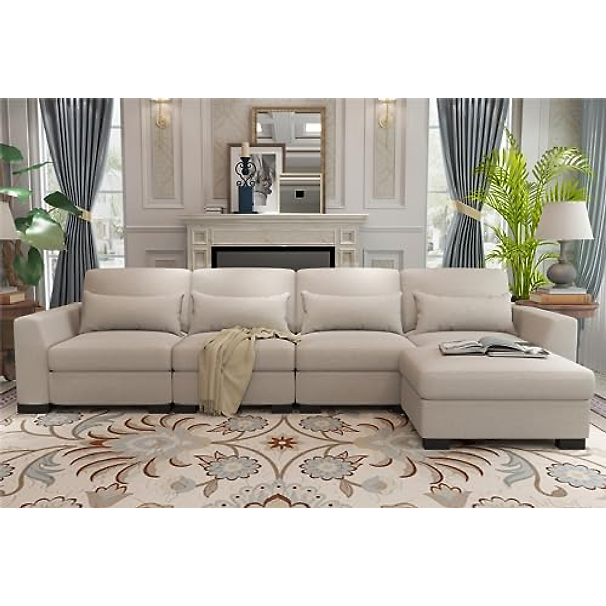 Sunrise Coast Modular Sofa Couch 130" Convertible L Shaped Sofas&Couches with Movable Ottoman Sectional, Beige