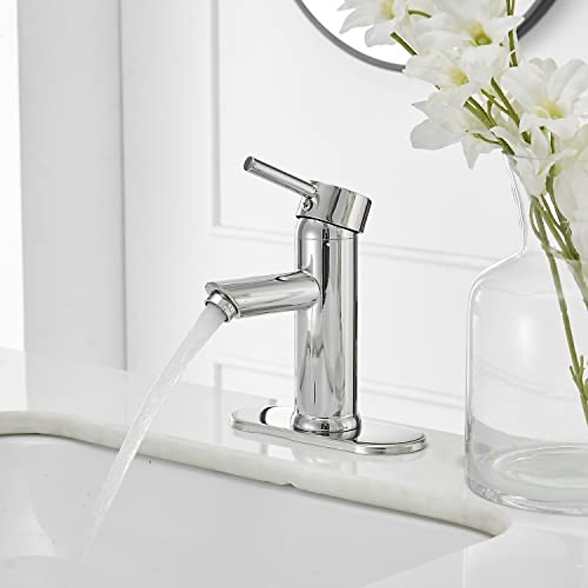 Greenspring Bathroom Sink Faucet Chrome Single Handle One Hole Commercial Deck Mount Lavatory Modern Faucet with Cover Plate and Supply Line