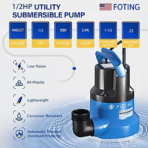 FOTING 1/2HP Submersible Water Pump with Stainless Steel Base - Removes Water to 0.04" Depth, 2450GPH Portable Sump Pump for Puddles, Pools, Boats, Gardens & Ponds - 10Ft Cord Included