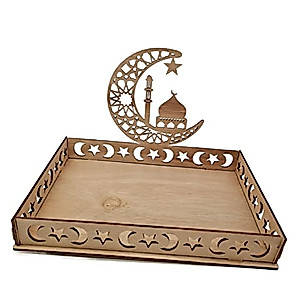 Likense Ramadan Wood Tray, Artistic Eid Mubarak Party Serving Display Decoration, Large Capacity Food Serving Tableware Tray Tabletop Decor for Table, Dessert Tray, Ramadan Serving Plate