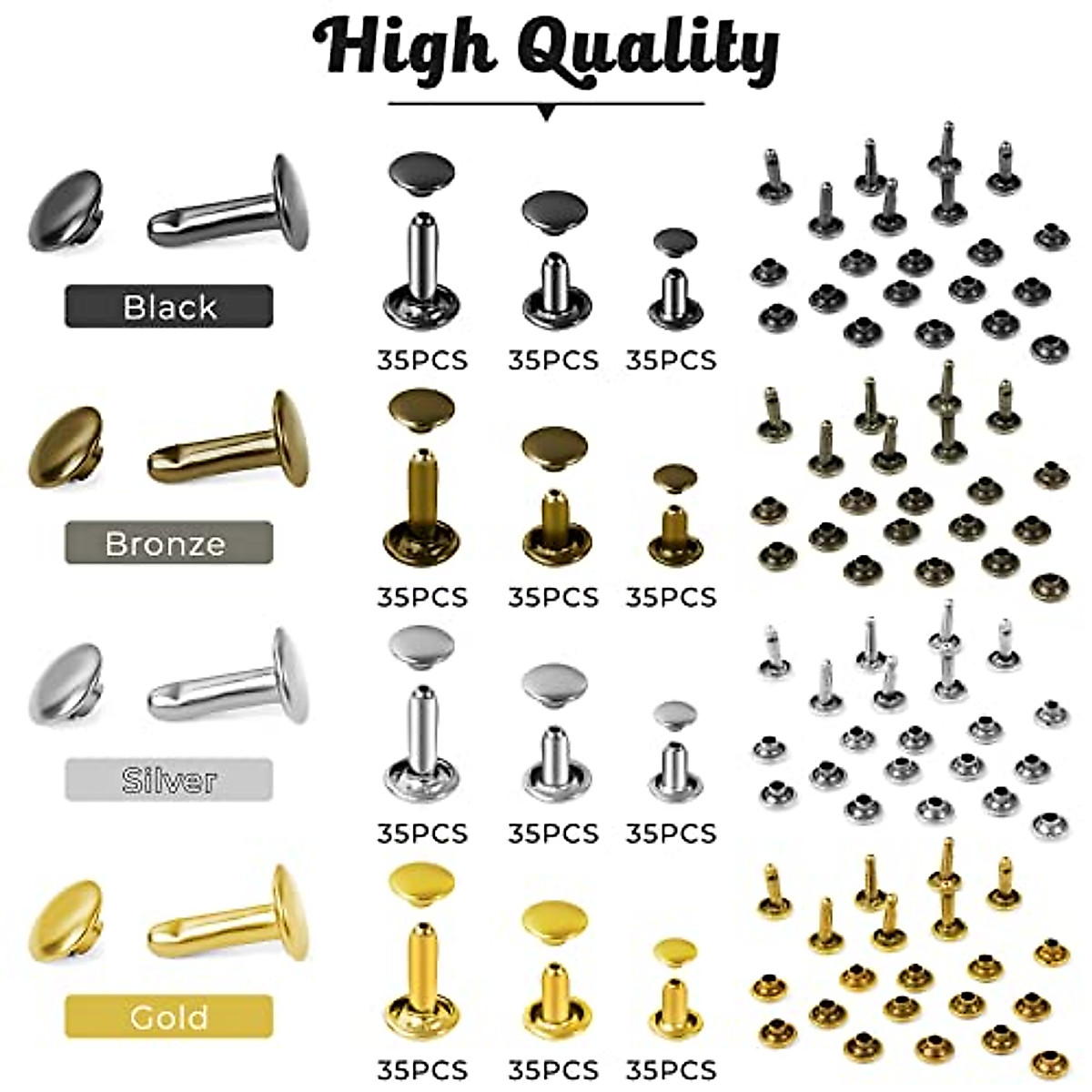 420 Sets Leather Rivets Kit, Double Cap Brass Rivets Leather Studs with 3PCS Setting Tools for Leather Repair and Crafts, 4 Colors and 3 Sizes