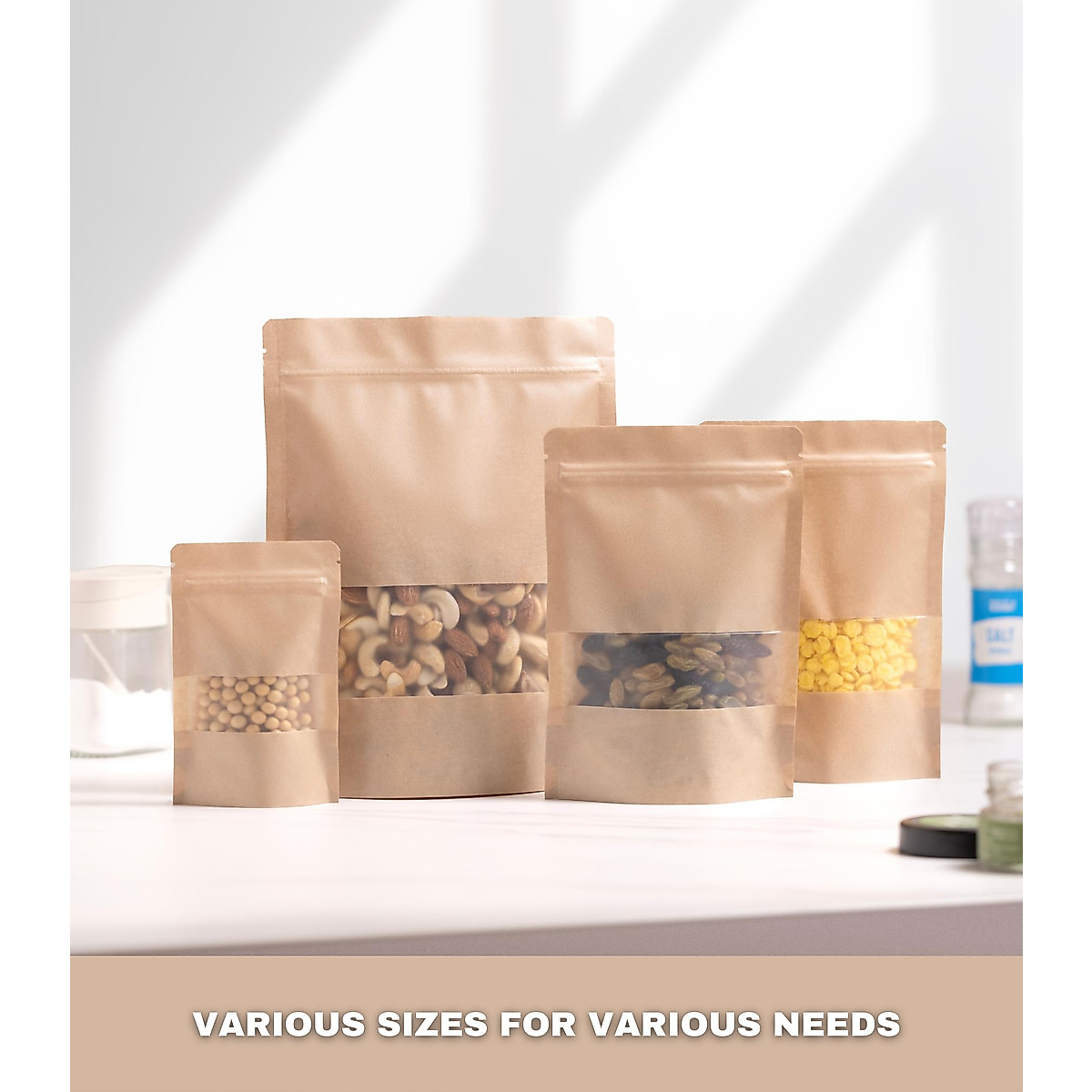 24/7 Bags- 200 Pack, Kraft Paper Stand Up Pouch Bag- 5.5" x 7.8", Resealable Zip-Lock with Front Window, Zero BPA, Easy Tear Notch, Self Stand Up, Food Grade Interior Coating