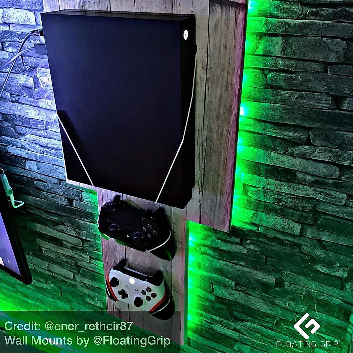 Xbox One X Wall Mount by FLOATING GRIP - Mounting Kit for Hanging Gaming Consoles - Strong & Slim Ropes - Easy-to-Install System (Bundle: Fits Xbox One X + x2 Controllers, Black)