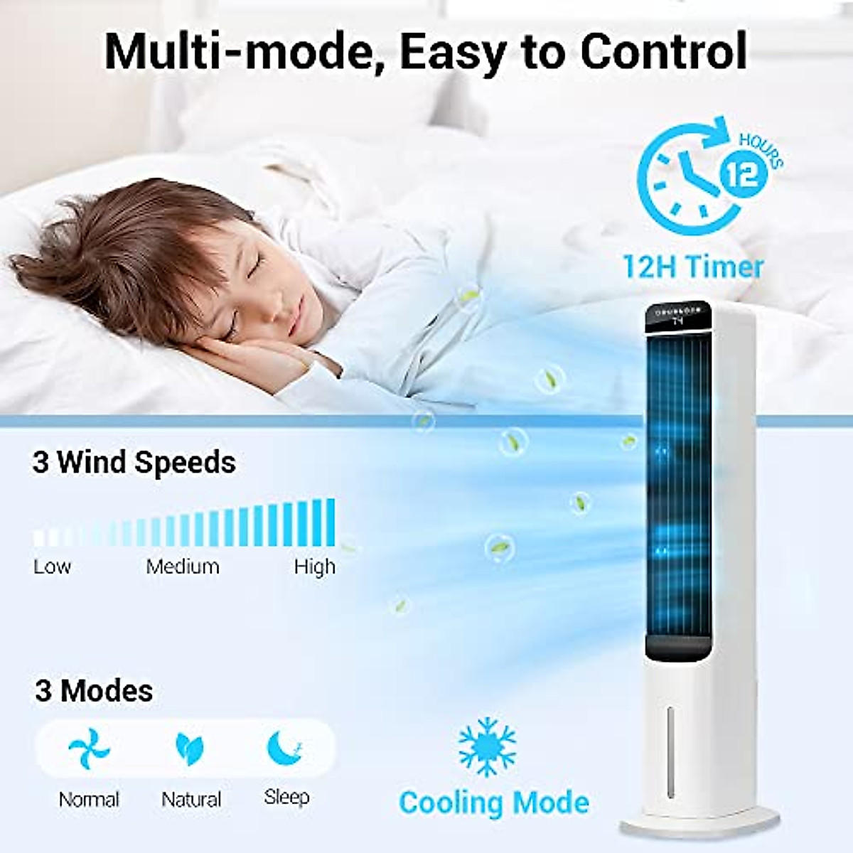 Uthfy Swamp Cooler, Evaporative Air Cooler With 4 Ice Packs and Remote, 80° Oscillation 3 Speeds 3 Modes, 41" Tower Fans that Blow Cold Air, Bladeless Fan for Bedroom Home Office
