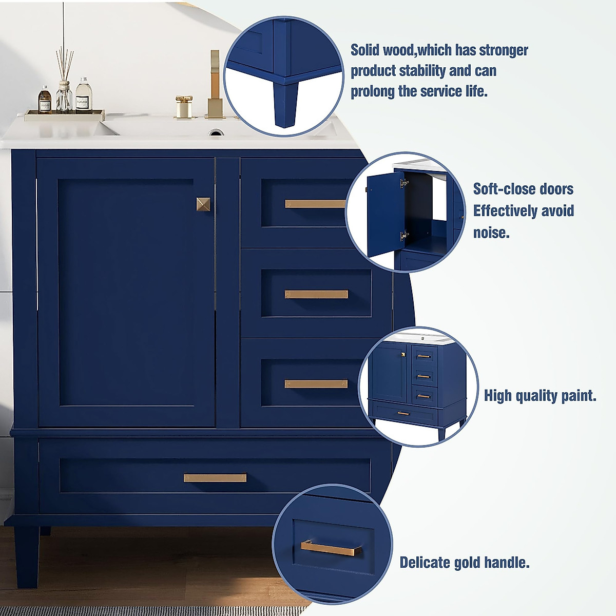 LostCat 30-inch Navy Bathroom Vanity with Sink - Solid Wood,Bathroom Vanity Cabinet with 2 Drawers + 1 Tip-Out Drawer,Soft Close Doors,Easy Assembly