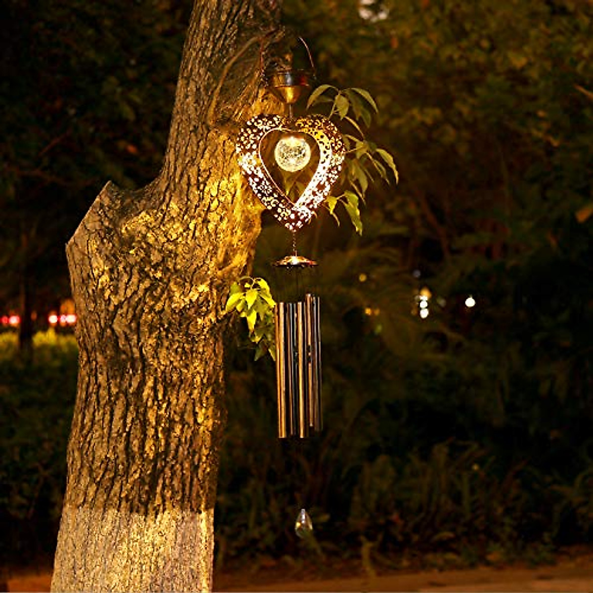 newvivid Solar Powered Wind Chimes Solar Heart-Shaped LED Wind Chimes Crackle Glass Ball LED Light with Metal Tubes Waterproof for Home Garden Patio Party Festival Decor…