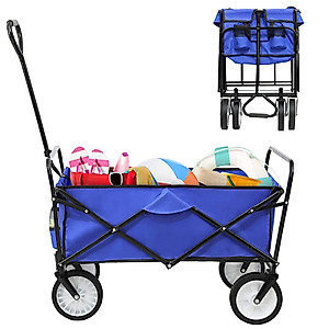 Arlopu Collapsible Folding Wagon Cart, Outdoor Park Utility Garden Wagon with 2 Cup Holders, Heavy Duty Portable Picnic Camping Cart for Shopping, Sport, Beach, Camping, Grocery, 150 LBS (Blue)