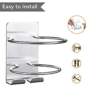 Tiilan Hair Dryer Holder Wall Mount Self Adhesive, SUS 304 Stainless Steel Bathroom Hair Blow Dryer Rack Organizer, Silver
