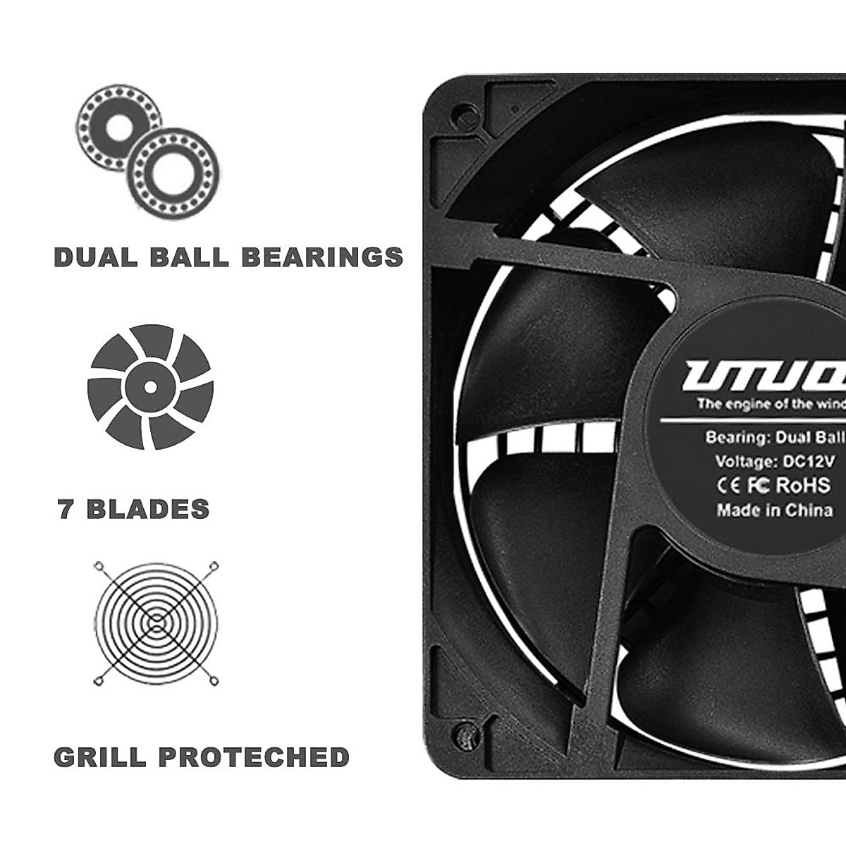 UTUO Variable Speed Fan, 110V 120V 220V AC Powered 120mm Dual Ball Bearings Air Exhaust Vent Cooling Axial Flow Muffin Fan with 3 to 12v DC Adjustable Speed Control Dimmer Switch