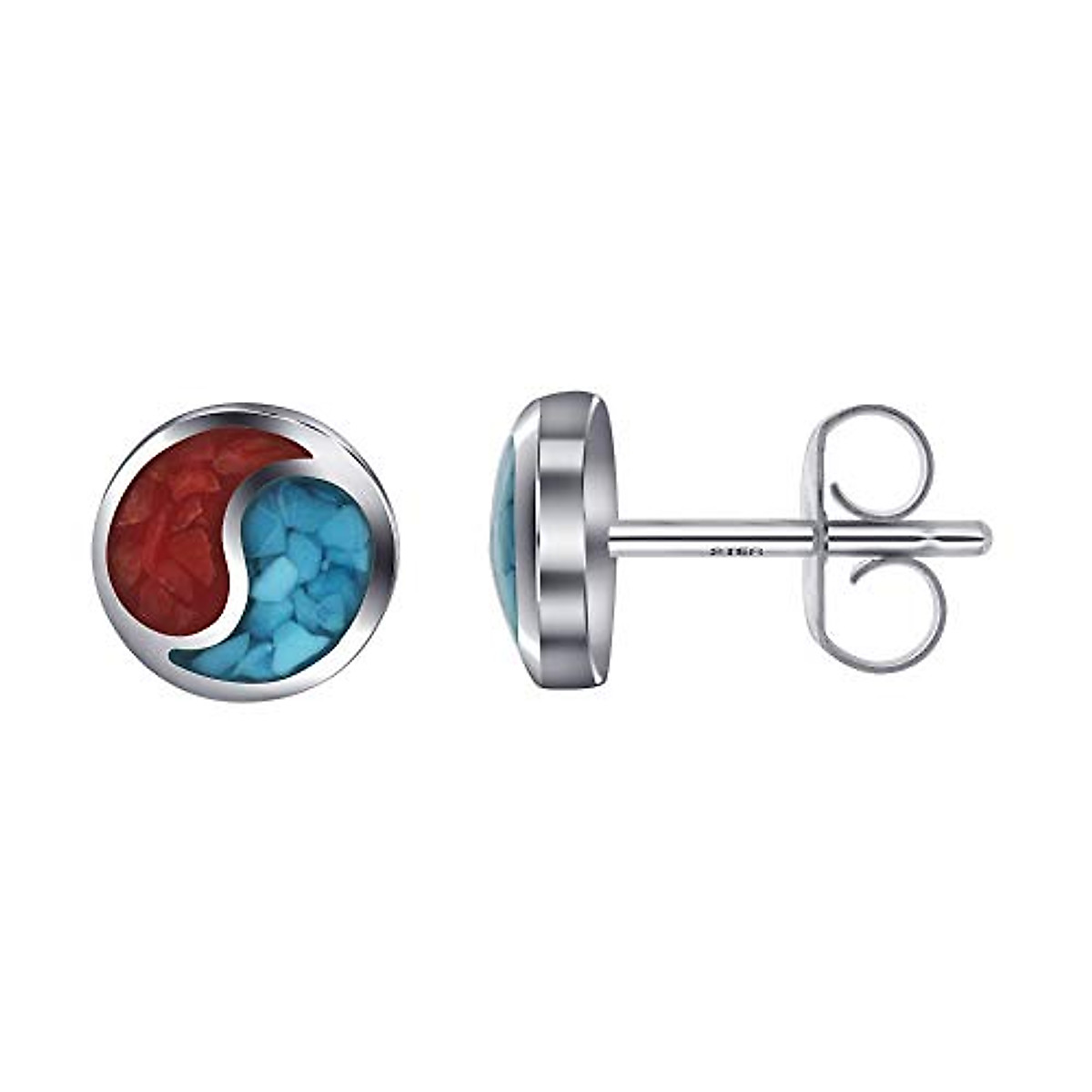 Yin-Yang Design Turquoise and Coral Gemstone 925 Sterling Silver Stud Earrings for Women