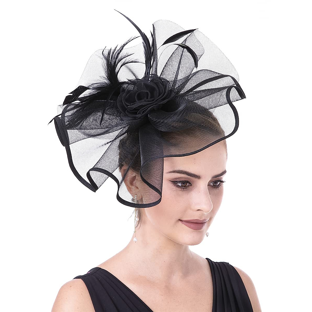 Lucky Leaf Girl Lady Hat Headwear Organza Church Feather Clip Fascinators Hat Wedding Party Kentucky Derby Cap for Women(L-Flowers-Black)