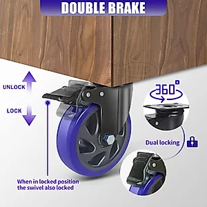 5 Inch Caster Wheels with Brake, Heavy Duty Casters Set of 4 2200lbs, Swivel Casters with Double Ball Bearings, Dual Locking Casters,Wheels for Cart,Furniture,Cabinets,Workbench (Two Hardware Kits