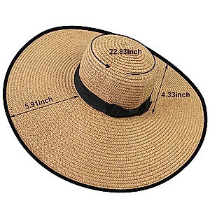 Womens Sun Hat UV Protection Wide Brim Beach Hat Floppy Foldable Roll-Up Straw Hats for Women UPF 50, E Khaki&Black